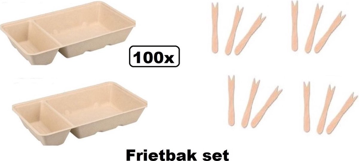 100x Bio Frietbakje A7 met sausvak + 100x Houten snackvork - Friet ...
