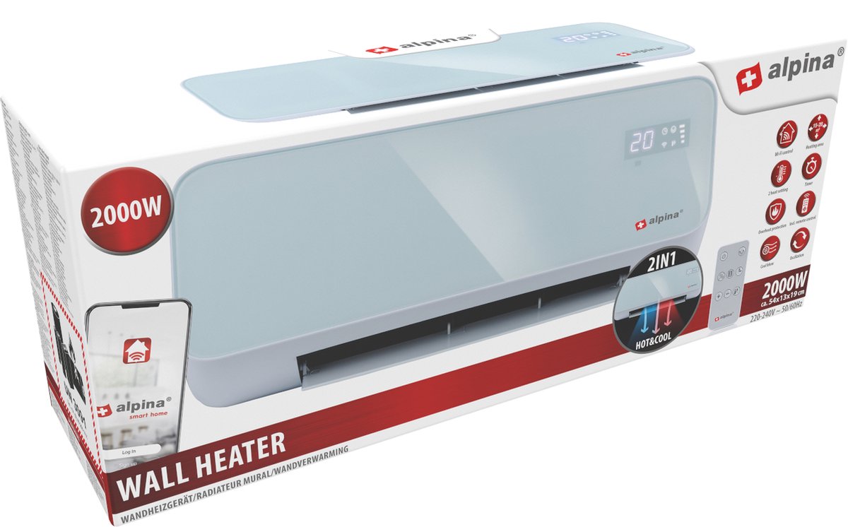 alpina Ventilatorkachel met Wifi - 2-in-1 Elektrische Verwarming Wandmontage -... | bol