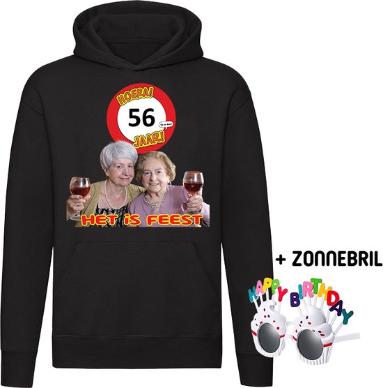 Hoera 56 jaar! Het is feest Hoodie + Happy birthday bril - verjaardag ...