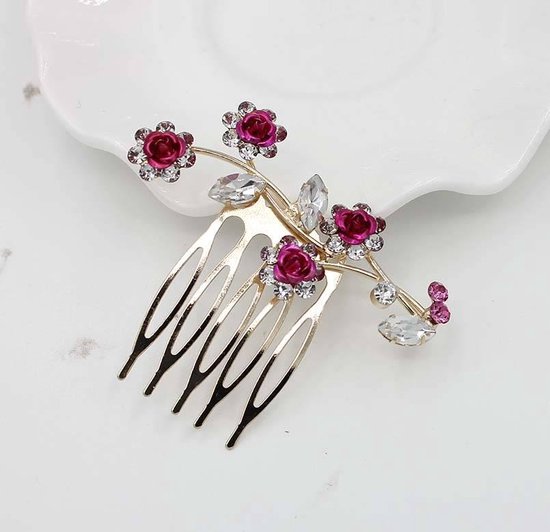 Goud Kleurige Haarkam Met Roze Bloemetjes en Fonkelende Diamanten | bol.com