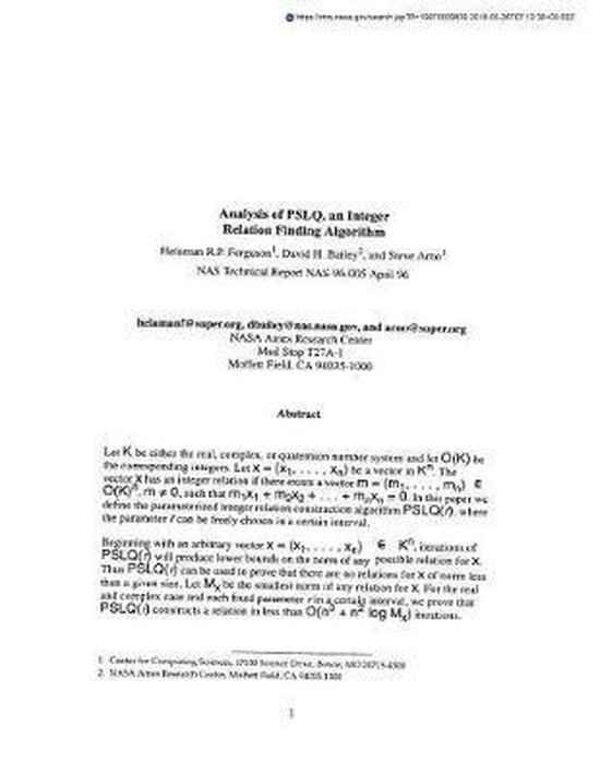 Analysis Of Pslq An Integer Relation Finding Algorithm National 0698