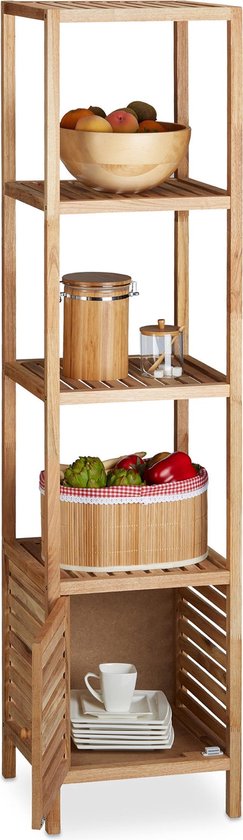 relaxdays Badkamerrek walnotenhout - houten rek - badkamerkast met deur ...
