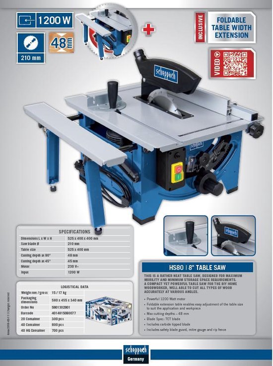 Scheppach HS80 Zaagtafel - 1200 W - Ø 210 mm | bol