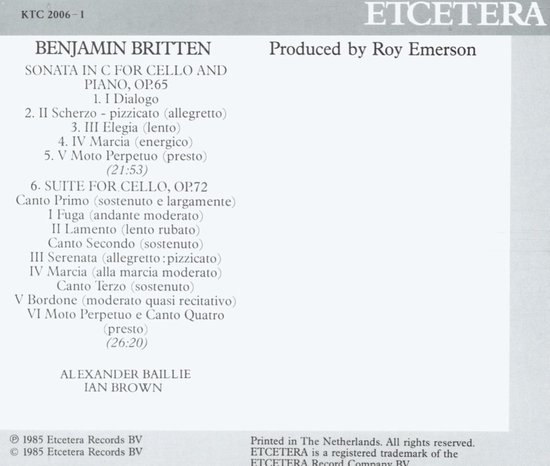 Alexander Baillie & ian Brown - Britten: Cello Suites No.1 (CD), Brown ...