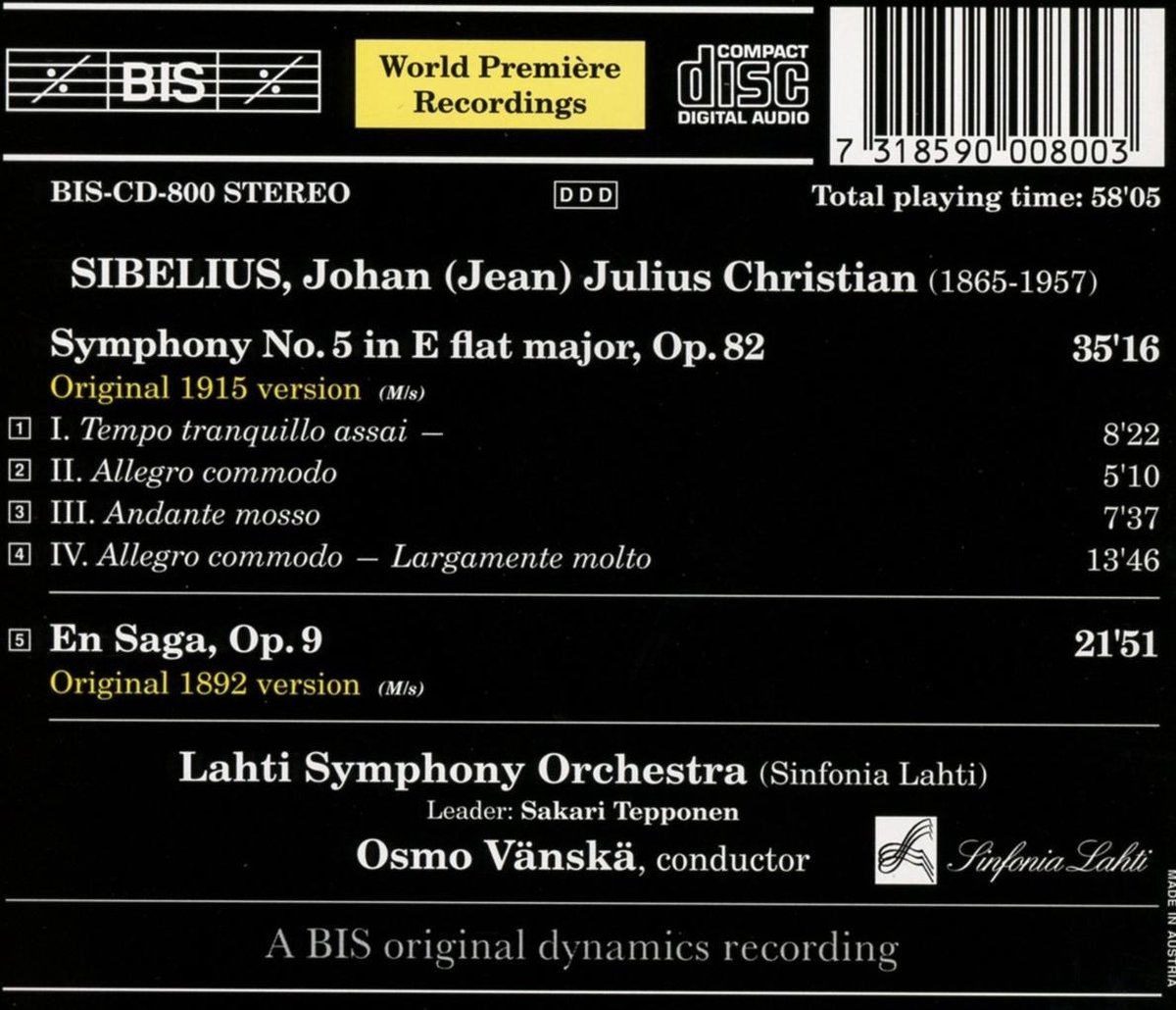 Lahti Symphony Orchestra - Sibelius: (Compl.Ed. 38), Symphony No.5 In E (CD), Osmo... | bol.com