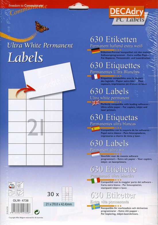 DECAdry Etiketten / Labels 70 x 42,4 mm | bol