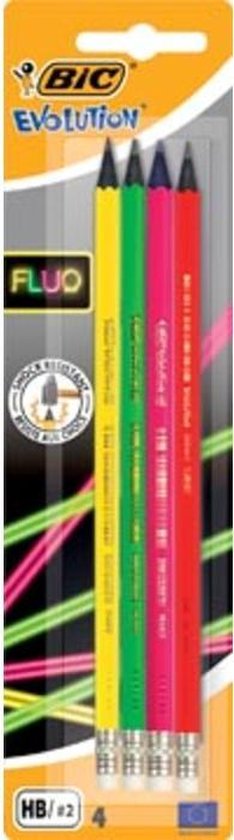 Bic potlood met gum Evolution fluo, blister met 4 stuks | bol