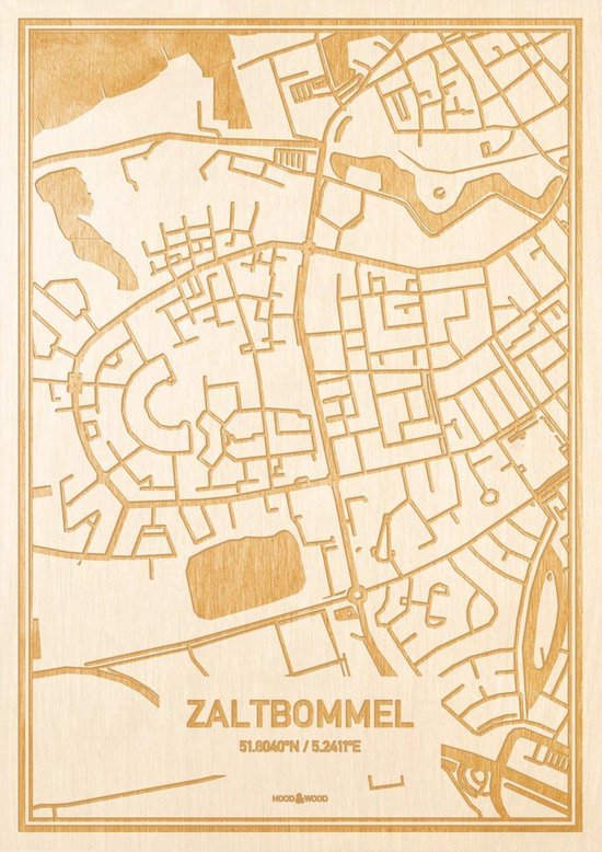 Kaart Zaltbommel - Gegraveerde stadskaart Hood&Wood - Hout, A4 | bol.com