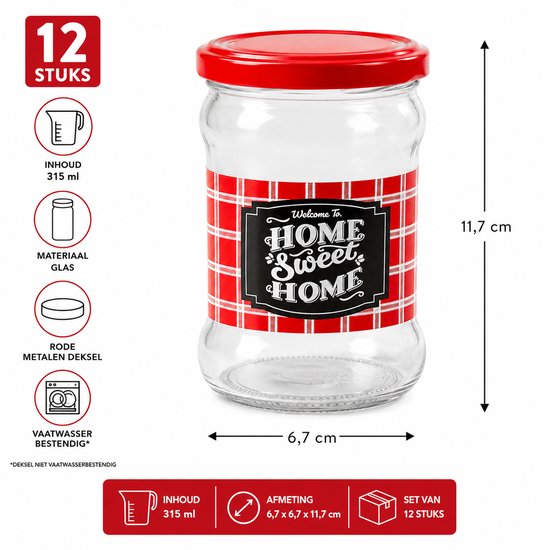 12 Confituurpotten 315 ml – Jampotten met Rode Deksel – Glazen ...
