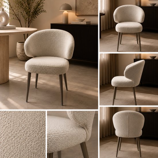 Eetkamerstoel – Bouclé Stoffen Stoel met Armleuning – Moderne Dining ...