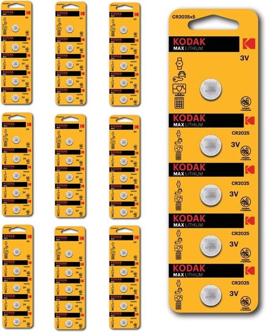 Kodak Max CR2025 165mAh 3V Lithium batterij - 50 Stuks (10 Blisters a 5St) | bol.com