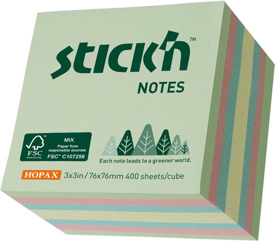 Stick'n Sticky Notes Kubus - FSC - 76x76mm - 4 Kleuren - 400 ...
