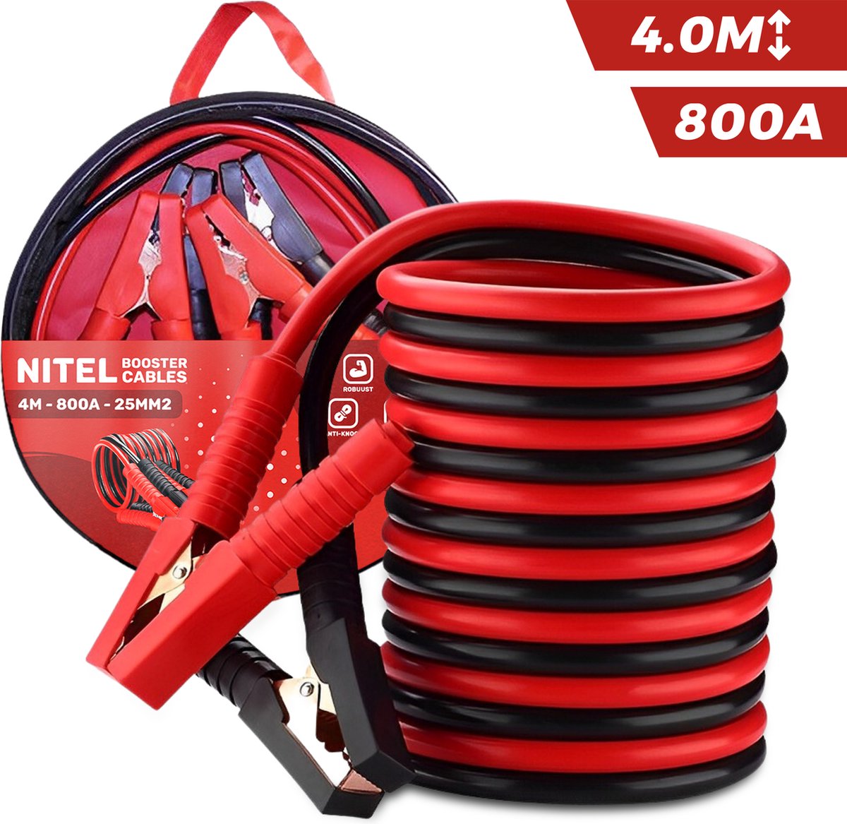 Nitel Startkabels 25 mm2 - 4.0M - 800A - Extra Robuust - Geschikt voor ...