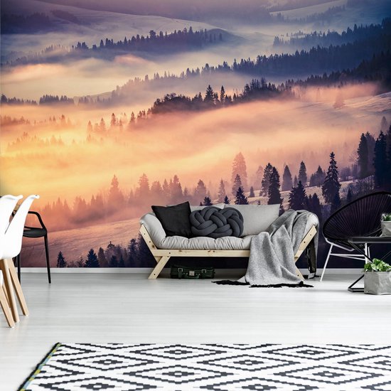 Fotobehang - Vlies Behang - Bos in de Mist - Mistig Landschap met Bomen ...