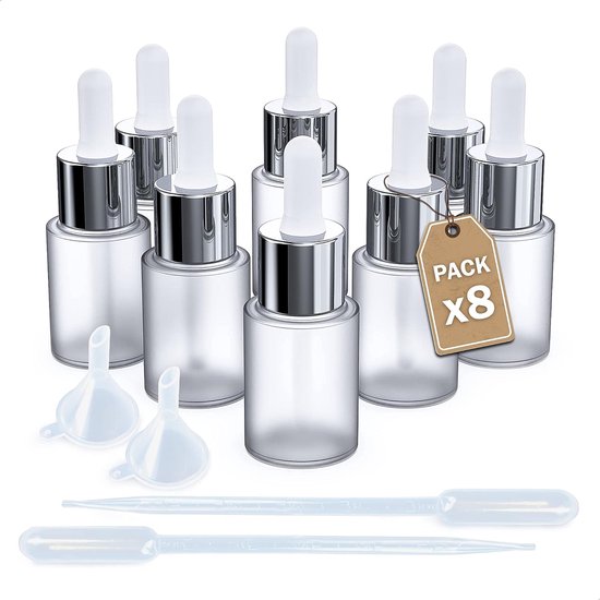 Set van 8 pipetflessen, 10 ml. Fles Frost. Glazen pipet en schroefdop ...