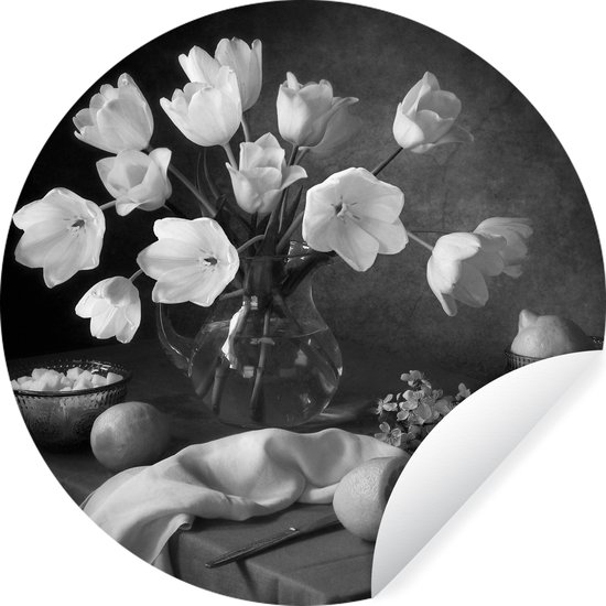 WallCircle - Muurstickers - Behangcirkel - Stilleven - Bloemen - Zwart - Wit - ⌀ 30 cm... | bol