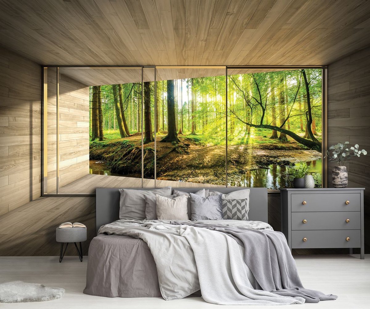 Fotobehang - Vlies Behang - 3D Raamzicht op het Bos - 208 x 146 cm ...