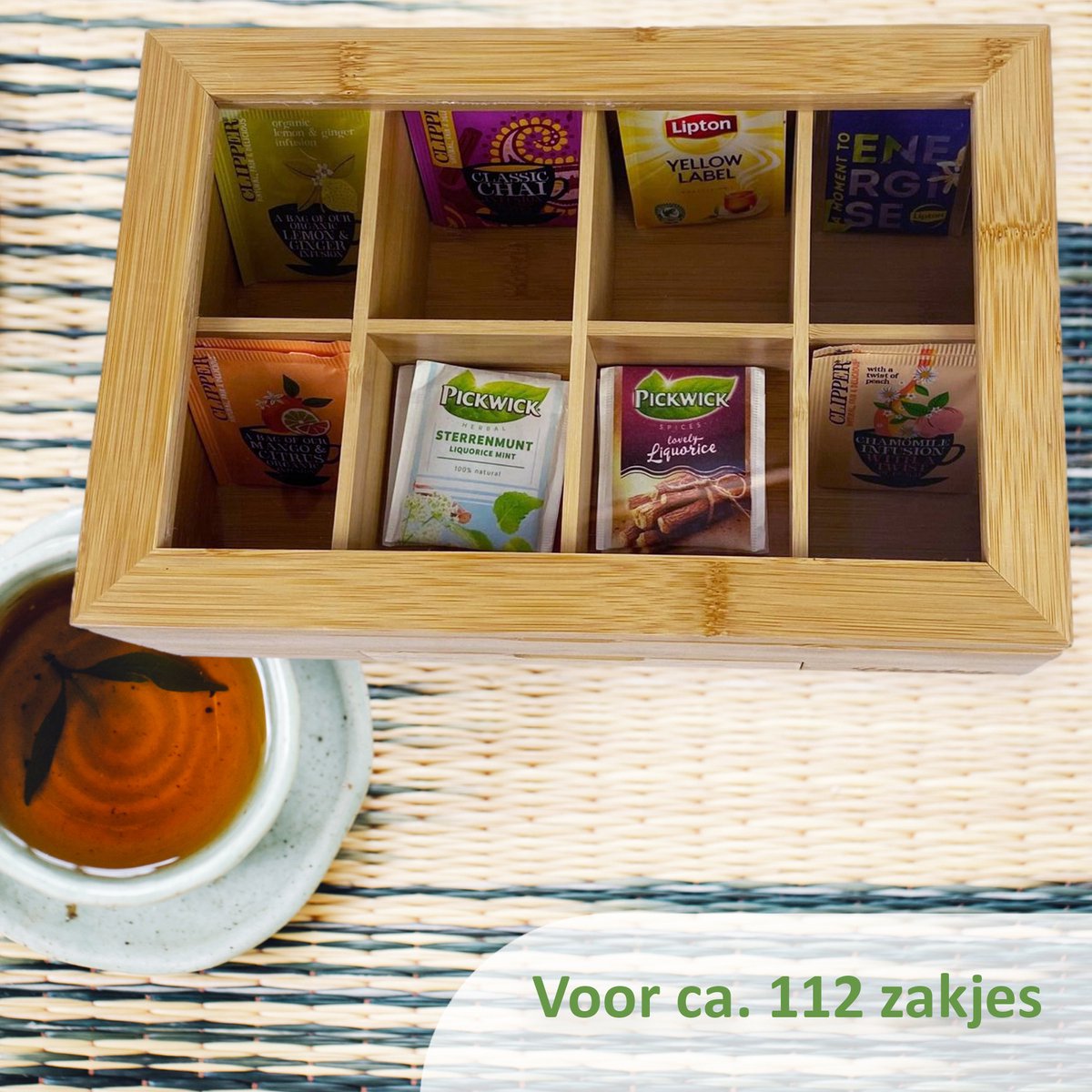Beeky Bamboe Theedoos voor 112 Zakjes - Theekist met 8 vakken geschikt ...