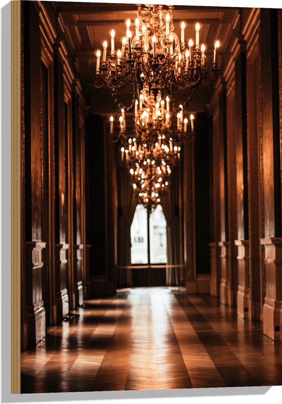 Hout - Kroonluchter in de Hal - 50x75 cm - 9 mm dik - Foto op Hout (Met Ophangsysteem) | bol