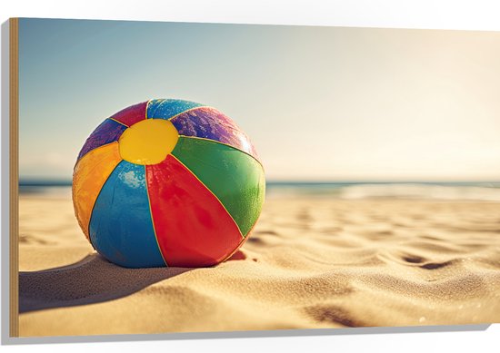 Hout - Kleurrijke Strandbal Liggend in het Zand - 105x70 cm - 9 mm dik ...