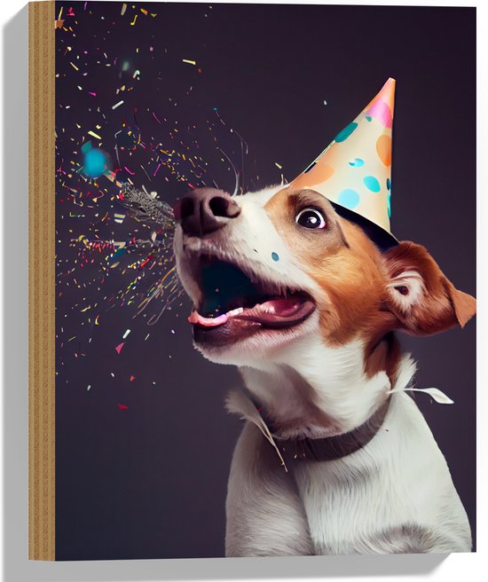 Hout - Jarige Hond met Feesthoed en Confetti - 30x40 cm - 9 mm dik ...