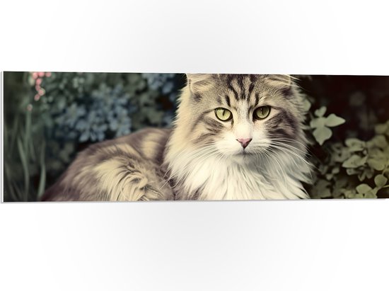 PVC Schuimplaat - Grijze kat met groene ogen in de natuur op een boomstam - 90x30 cm... | bol