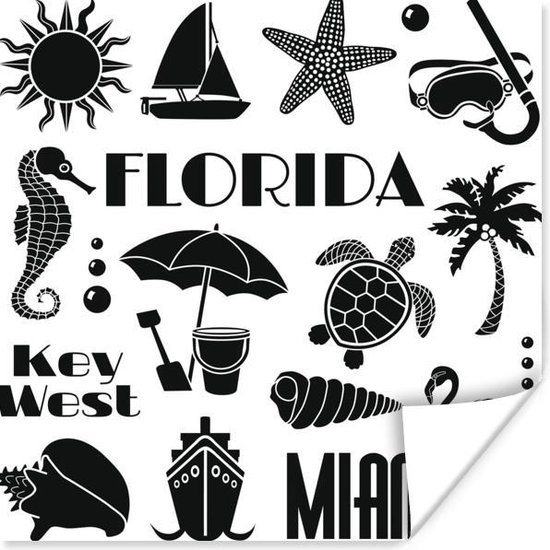 Affiche illustration Zwart et blanc des symboles de Miami 100x100 cm ...