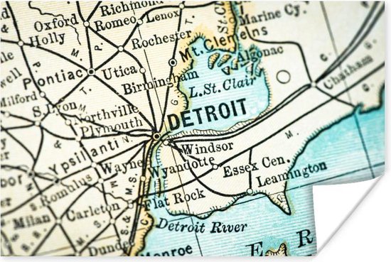 Illustration de l'affiche du plan de la ville de Detroit - Carte 60x40 ...