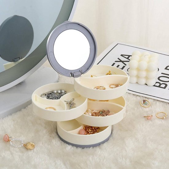Draaibare Sieraden Organizer Box met Spiegel – Draagbare Opbergdoos Met ...