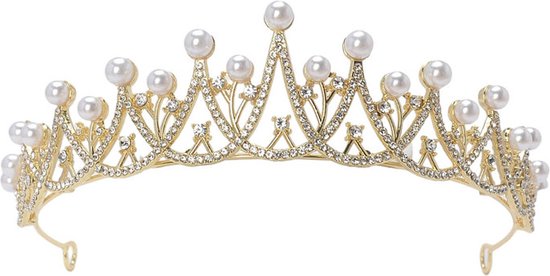 Luxe Koninklijke Tiara met Witte Parels en Sprankelende Kristallen-Goud ...
