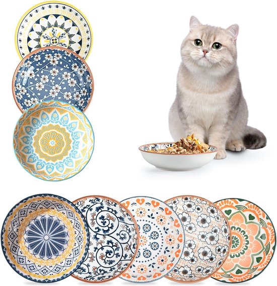 Cat Bowls - Flat Cat Plates Set of 8 - Ceramic Feeding Bowl for Cats ...
