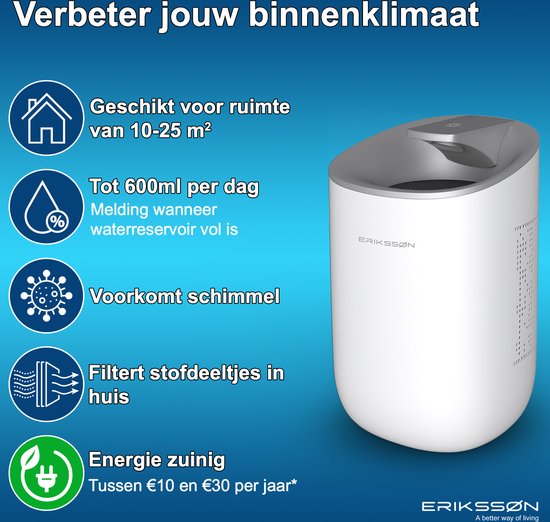Erikssøn Luchtontvochtiger Dry Pro - Ontvochtigt Tot 0.6 Liter Per Dag ...