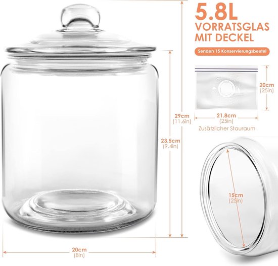 Voorraadpot met deksel, grote luchtdichte glazen container met 5,8 ...