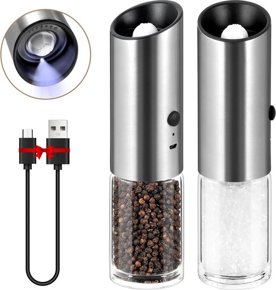 Chef Elektrische Zout-en Pepermolen Set - USB Oplaadbaar - LED Licht - Verstelbare... | bol