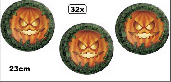 32x Bord Scary pompoen 23 cm karton oranje/groen - Halloween creepy ...