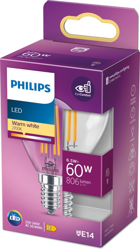Philips LED Kogellamp Transparant - 60 W - E14 - warmwit licht | bol