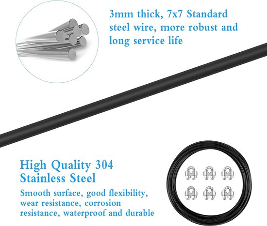 Kabel van staal, zwart, 1 rol, 15 m, staalkabel, 3 mm, ophangkabel van ...