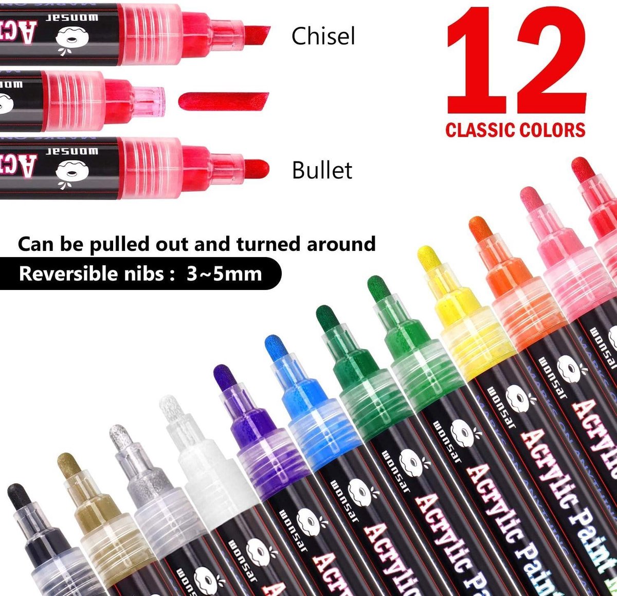 Wonsar Watervaste Acryl Stiften Set van 12 kleuren - Medium Punt (3 ...
