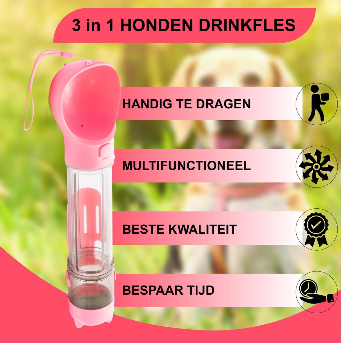 PetsQuality Honden Drinkfles voor Onderweg - Multifunctionele Waterfles ...