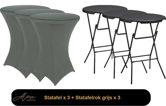 3x zwarte Statafel + grijze Statafelrok x 3 – 80 cm Dia x 110 cm hoog – Cocktailtafel... | bol