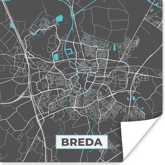 Poster Stadskaart - Breda - Grijs - Blauw - 100x100 cm XXL ...