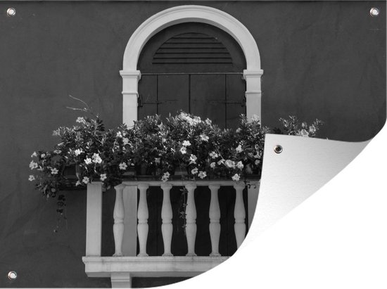 Tuin decoratie Groot raam met een grote bos bloemen ervoor - zwart wit ...