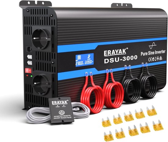 3000W/6000W Zuivere Sinus Omvormer 12V naar 230V met 2 EU Stopcontacten ...