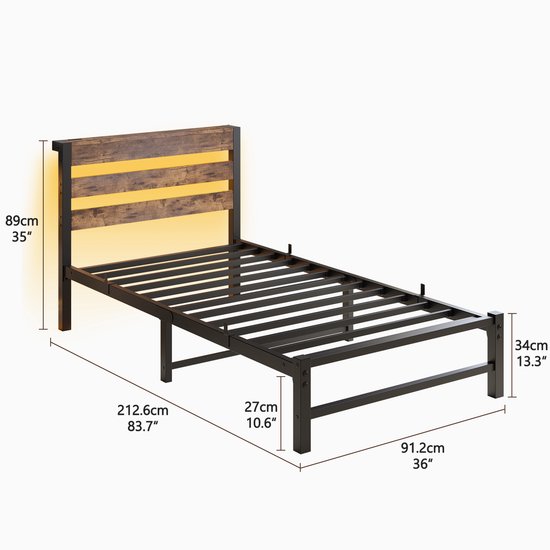 REDOM Bedframe 90x200 cm van metaal & hout, met LED en USB-ladestation ...