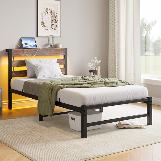 REDOM Bedframe 90x200 cm van metaal & hout, met LED en USB-ladestation ...