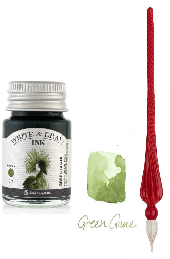 Glazen dip pen set in doosje - Rood - Potje Octopus inkt green crane | bol