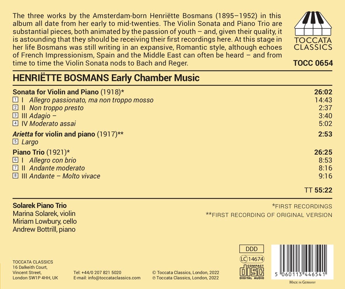 Solarek Piano Trio - Bosmans: Early Chamber Music (CD), Marina Solarek ...