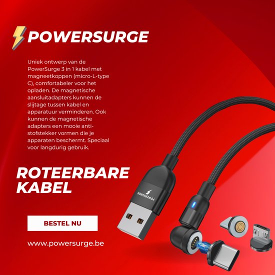 PowerSurge - Roteerbare | Magnetisch| USB A, C, Micro, Lightning ...