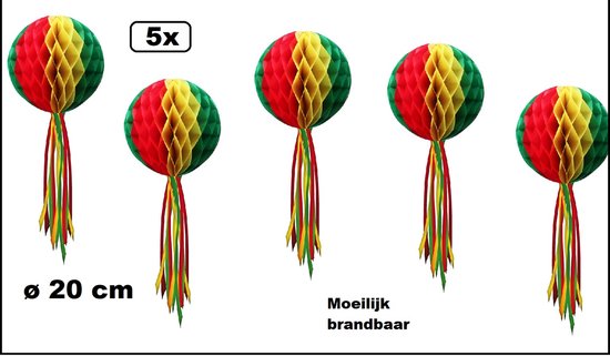 5x Hangdecoratie bol rood/geel/groen ø 20 cm - Festival thema feest ...
