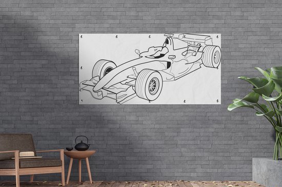 Schuttingposter Illustratie van een race auto in zwart-wit - 200x100 cm ...